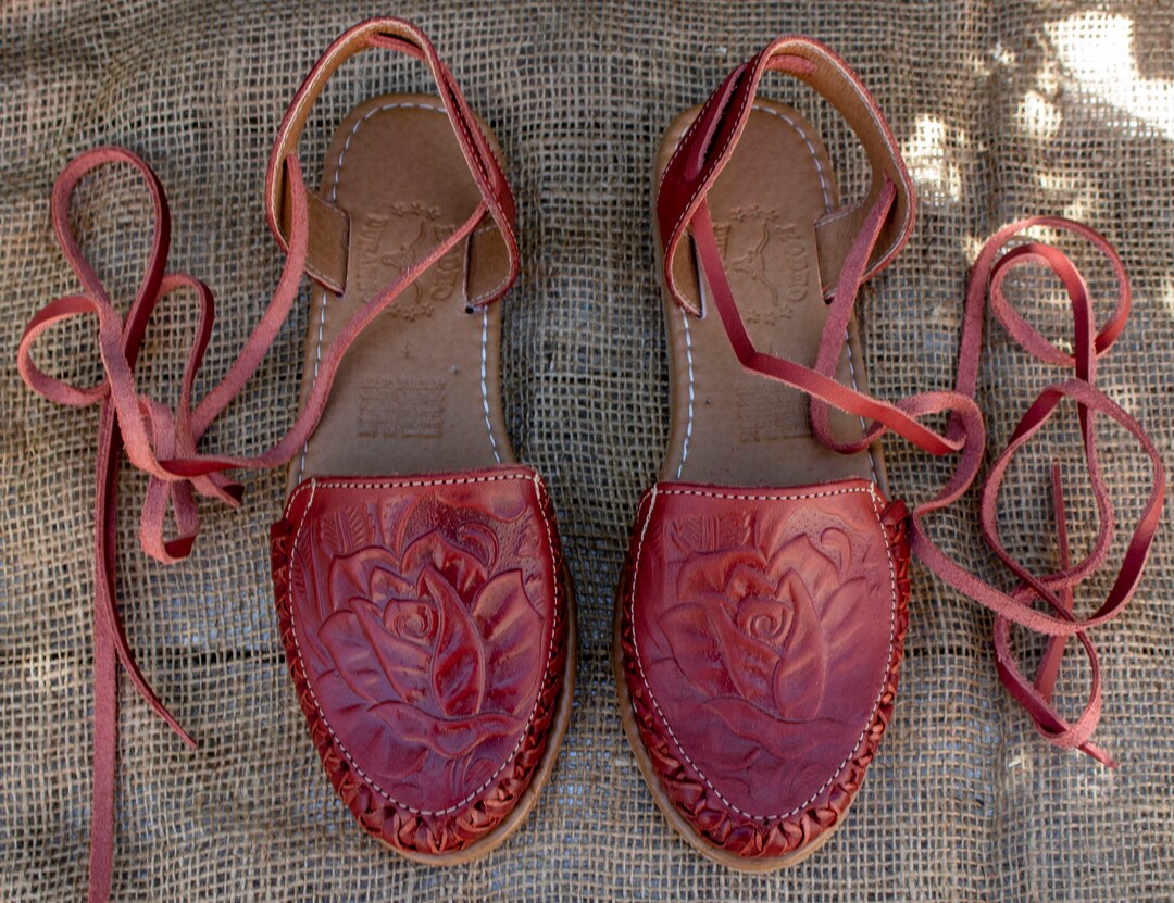Womens LEATHER Rose Stamped Brick Red Lace up MEXICAN SANDALS - Etsy