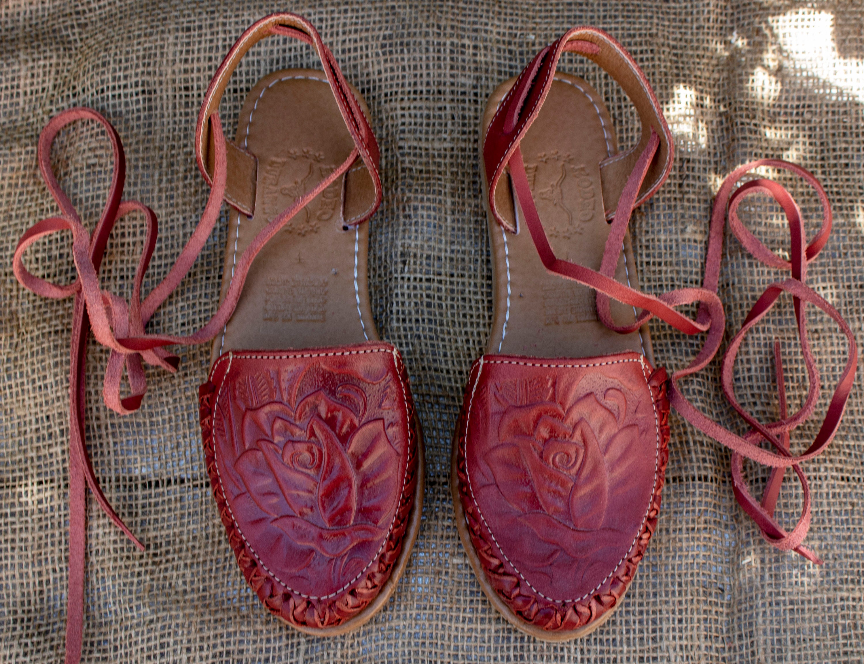 Womens LEATHER rose stamped brick red lace up MEXICAN SANDALS | Etsy