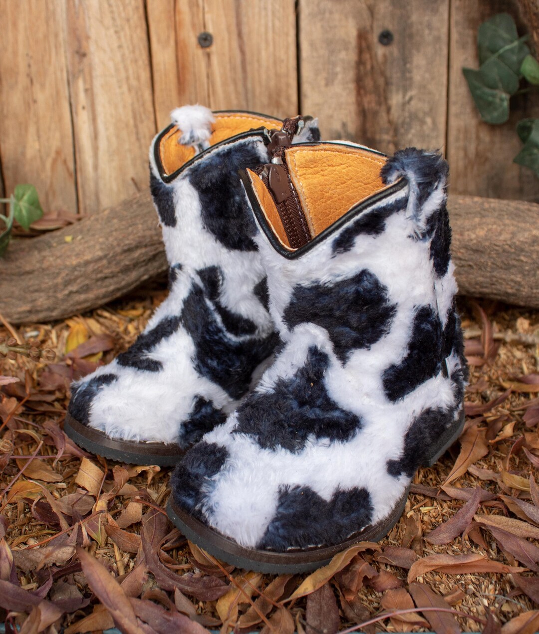 Girls Boys BABY Leather COW PRINT Square Toe Fluffy Cowboy Cowgirl ...