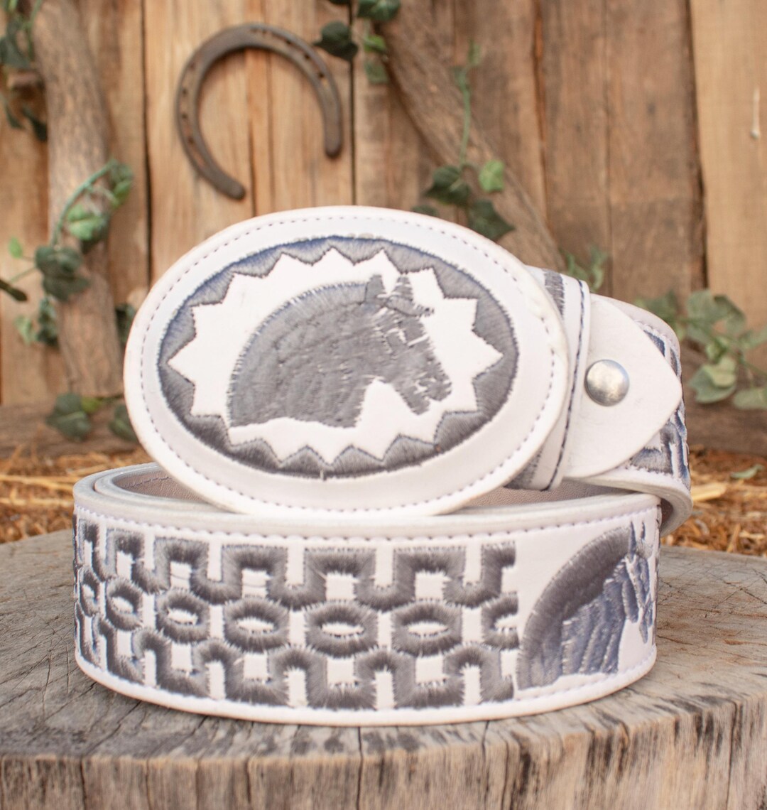 MENS WESTERN LEATHER Horse Caballo White & Gray Embroidered Leather ...