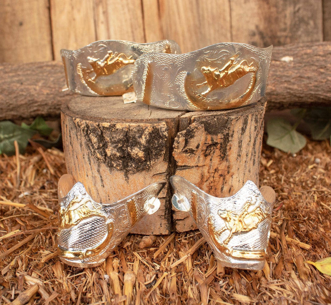 Western Cowboy Alpaca BULLRIDER Engraved Pair Snip Toe BOOT TIPS Plate ...