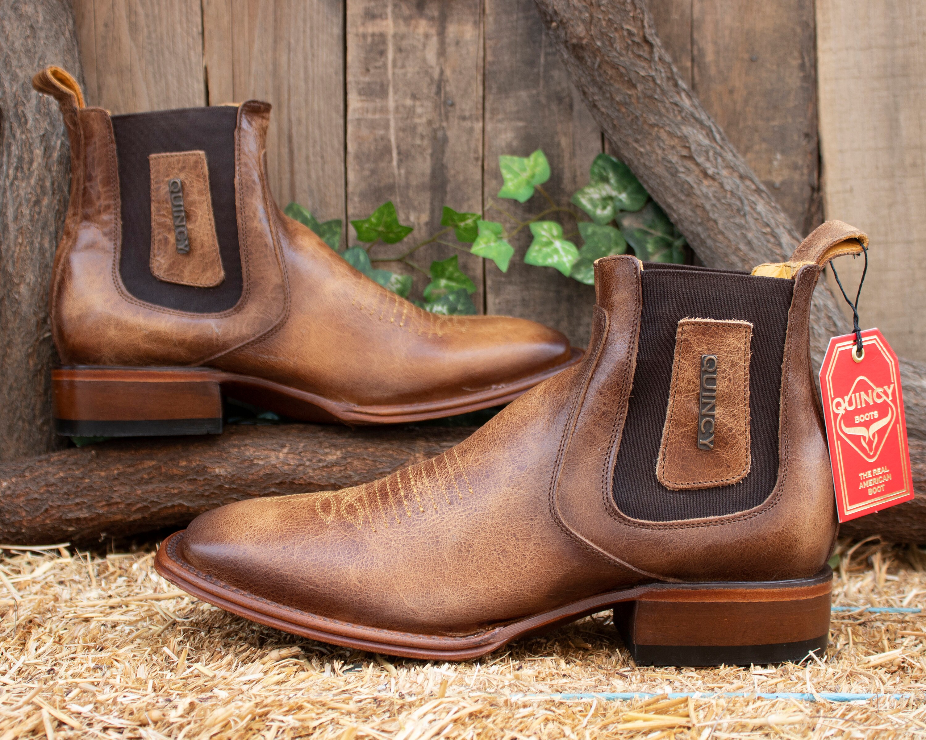 MENS LEATHER COWBOY Quincy Weathered Tan Brown Square Toe Half Boots ...