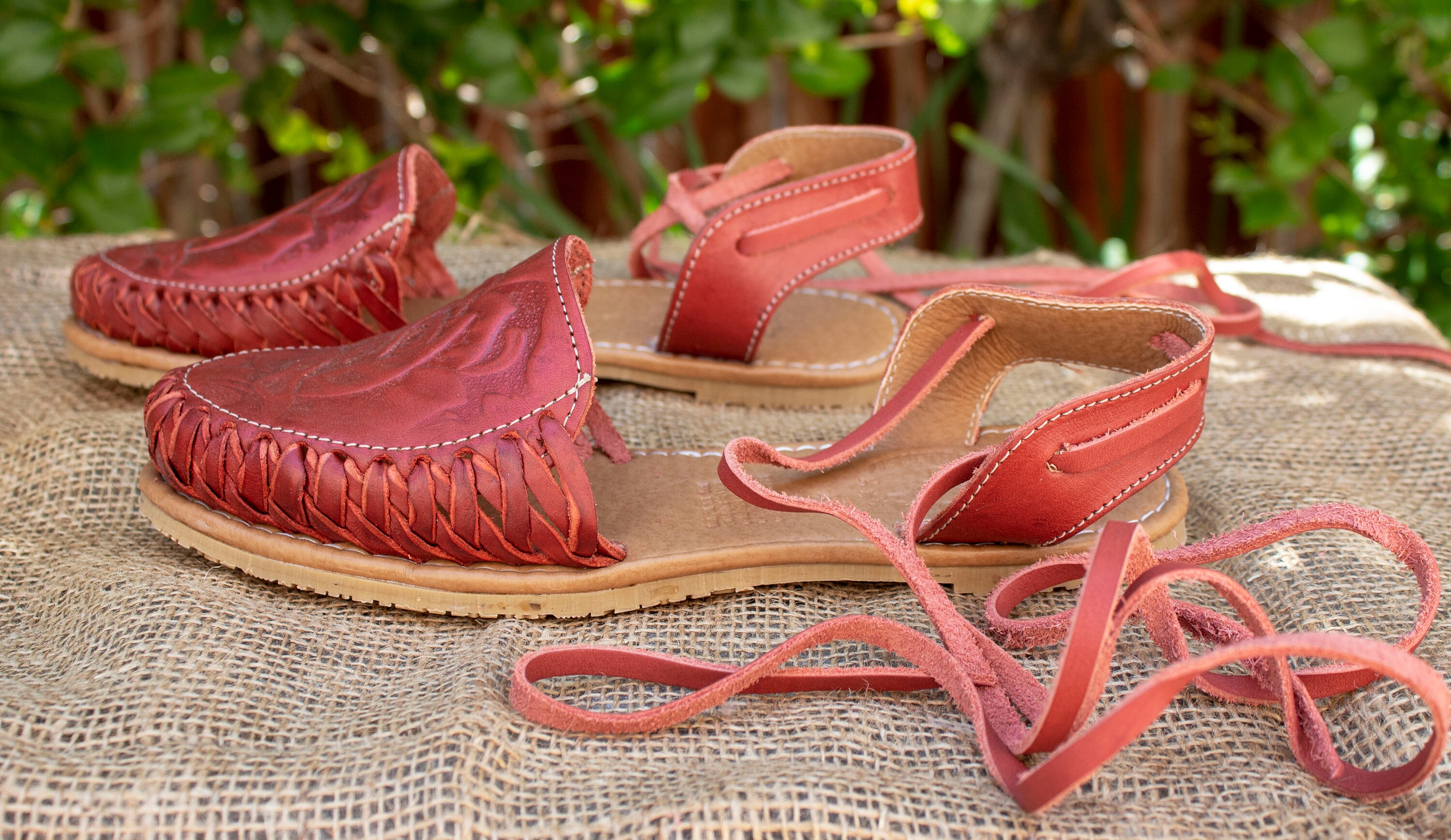 Womens LEATHER rose stamped brick red lace up MEXICAN SANDALS | Etsy