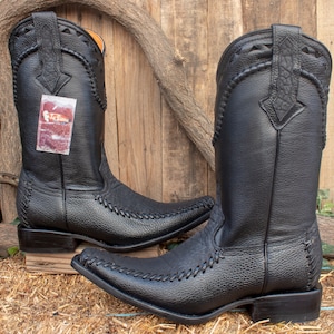 MENS Black BULL NECK Leather Snip Toe Cowboy Western Rodeo Boots Cuello ...