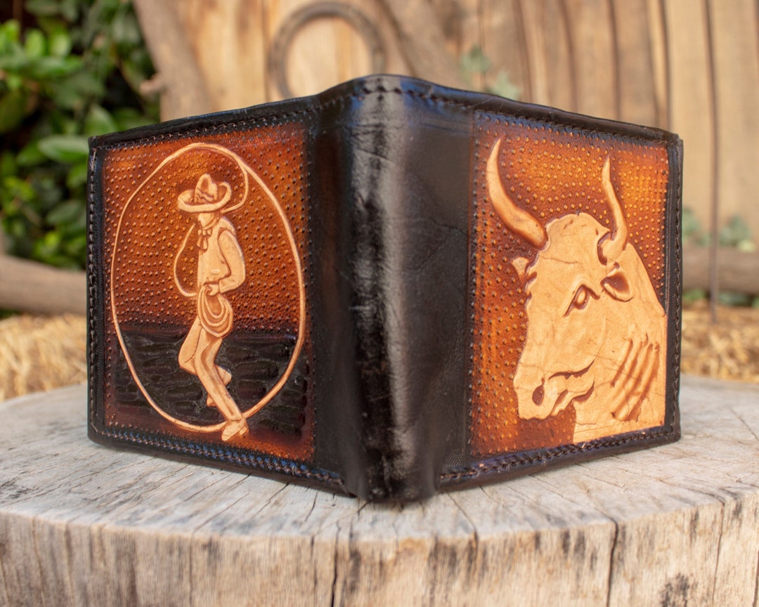 BULL Toro CHARRO Leather Stamped Floral Handcrafted WALLET Cockfighting ...