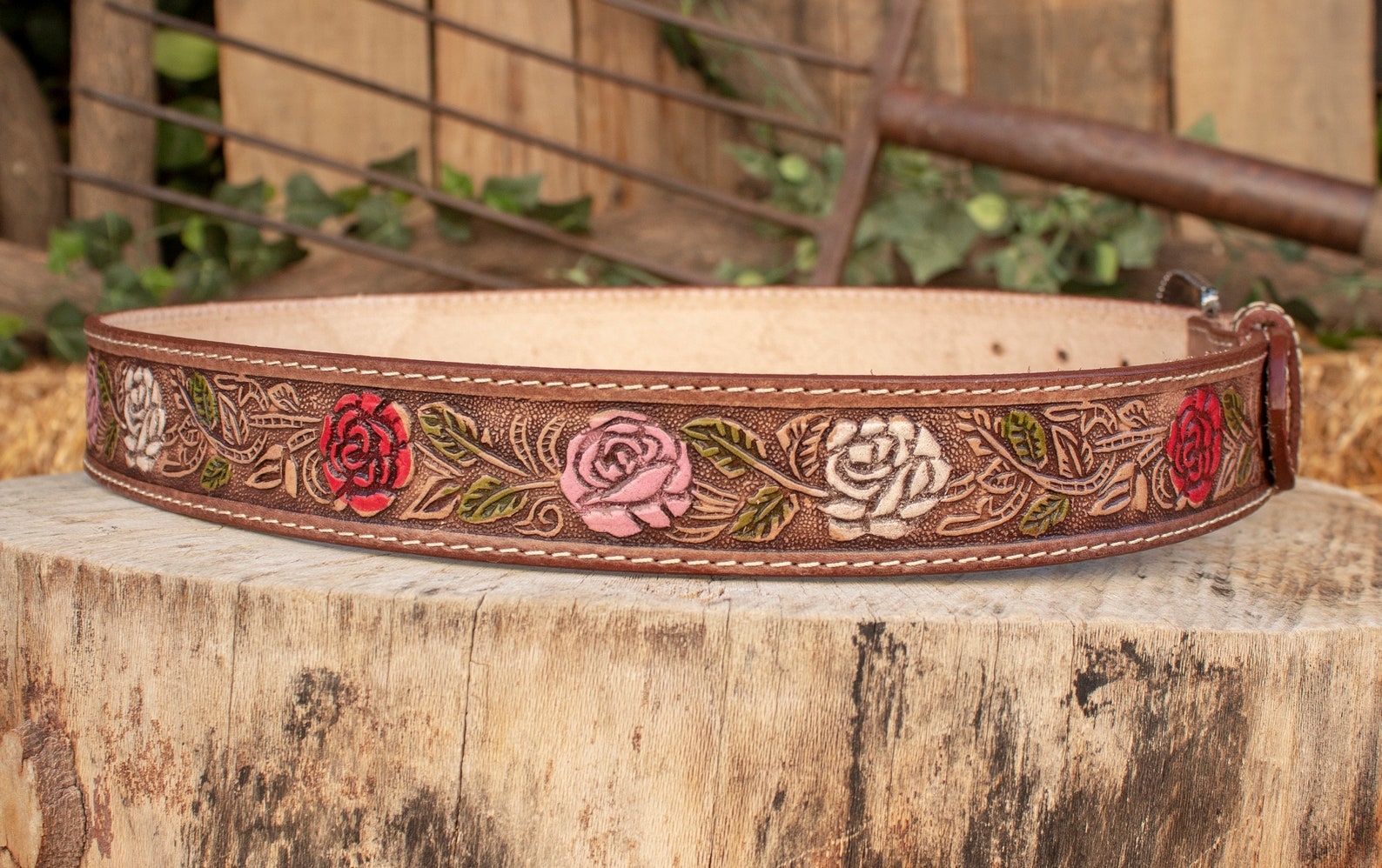 Womens LEATHER STAMPED ROSES Western Cowgirl Cowboy Leather Belt Cinto ...