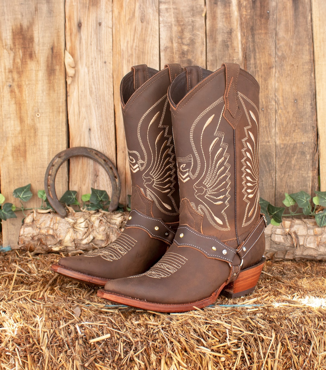 WOMENS COWGIRL Brown Cowboy Pointed Toe Leather Western Embroidered ...