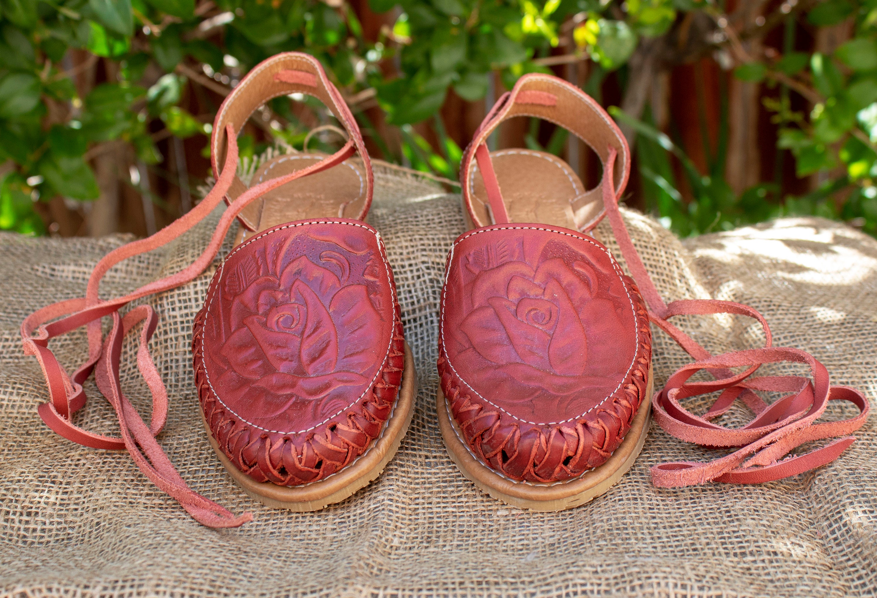 Womens LEATHER rose stamped brick red lace up MEXICAN SANDALS | Etsy