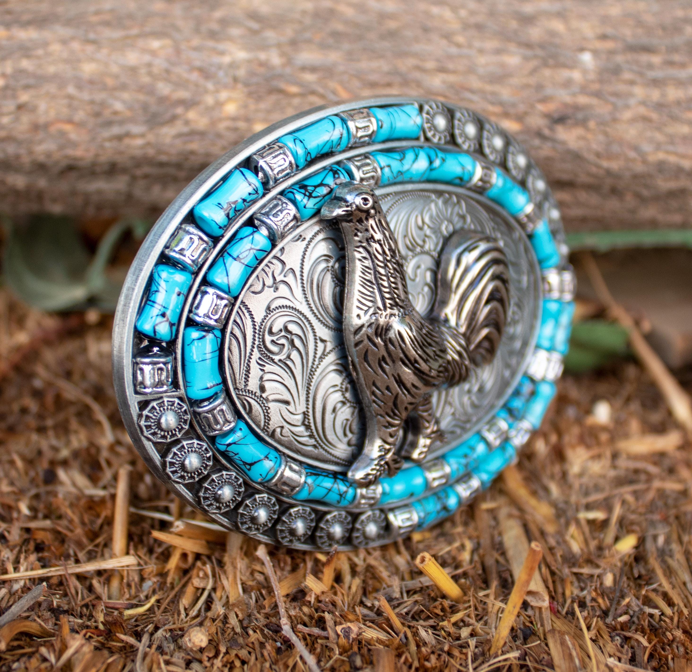 ROOSTER Gallo Metal ENGRAVED Cowboy Western TURQUOISE Mariachi Belt ...