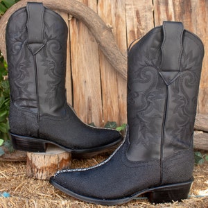 MENS Black Faux MANTARAY Leather Pointed Toe Cowboy Western Rodeo Boots ...