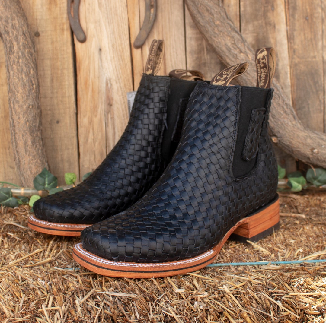 MENS LEATHER COWBOY Black Handtooled Square Toe Half Boots Botines ...