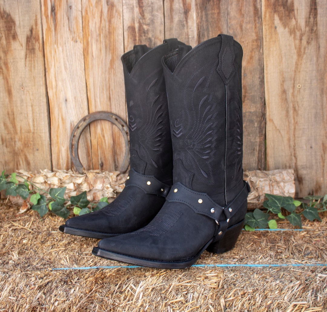 WOMENS COWGIRL Black Nubuck Cowboy Pointed Toe Leather Western ...