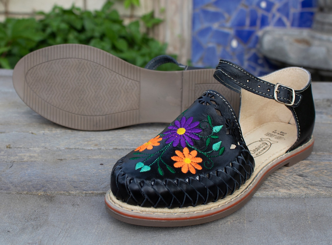 WOMENS MEXICAN SANDALS Leather Flower Embroidered Shoe Huarache - Etsy