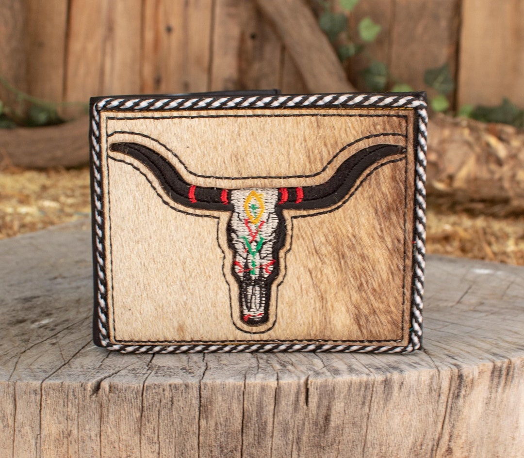 LONGHORN Toro WESTERN Embroidered Leather Bi Fold Wallet With Cow HAIR ...