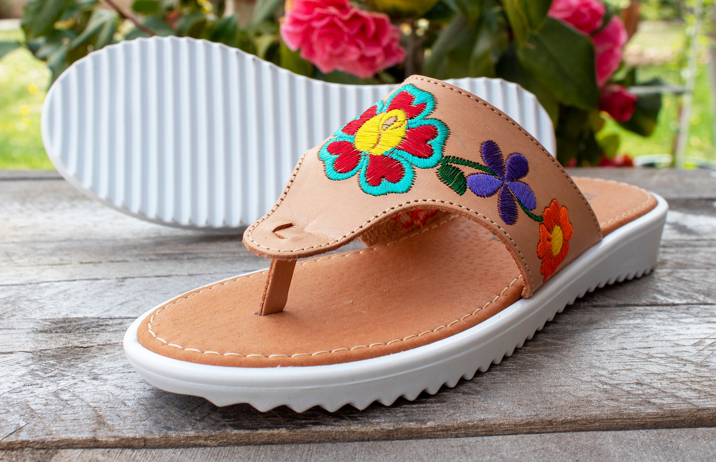 WOMENS EMBROIDERED leather Slip On Mexican SANDALS | Etsy