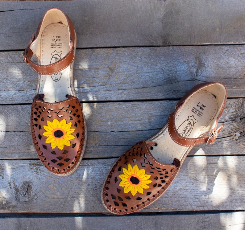 WOMENS MEXICAN SANDALS Leather Sunflower Embroidered Shoe Huarache - Etsy