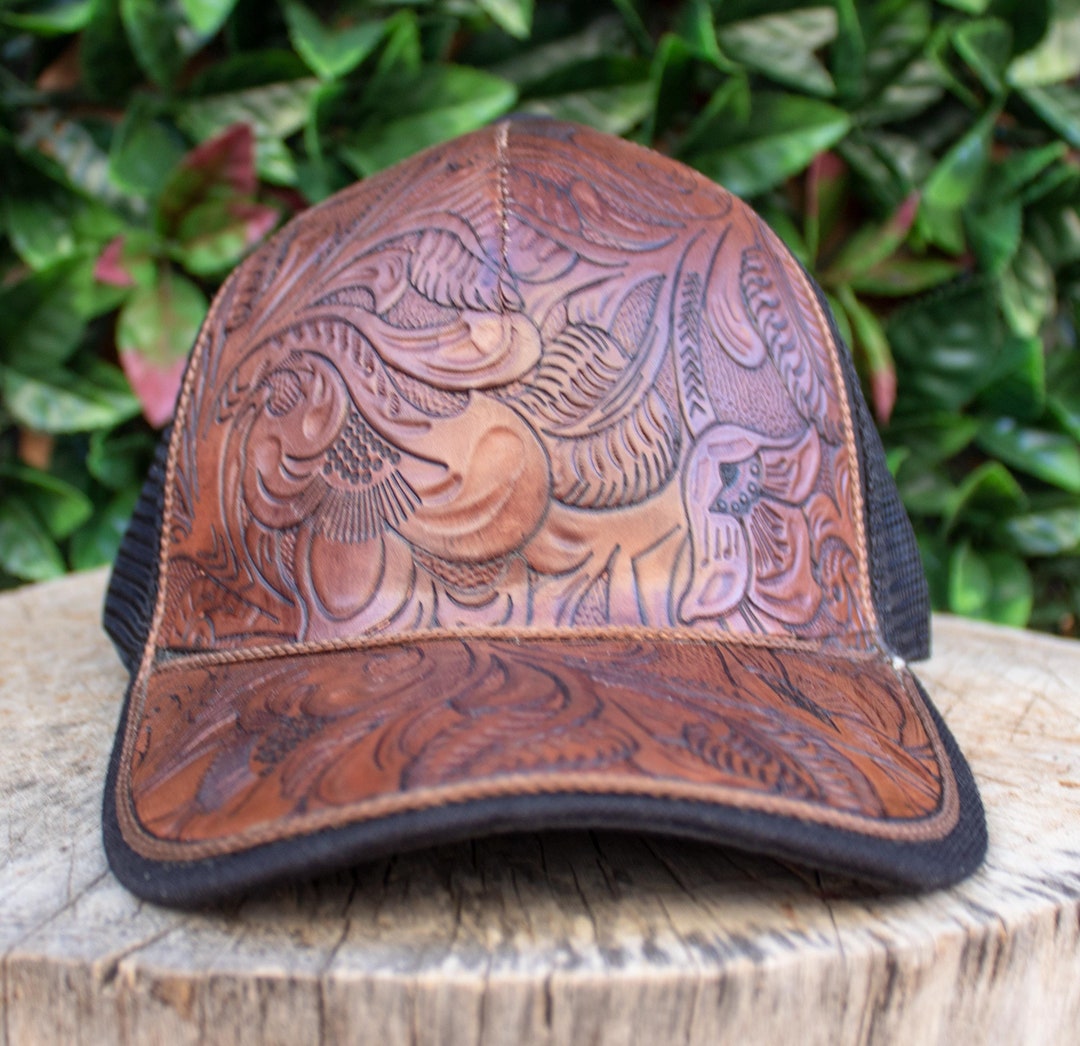 LEATHER Flower HANDTOOLED Crafted SNAPBACK Western Adjustable Hat Cap ...