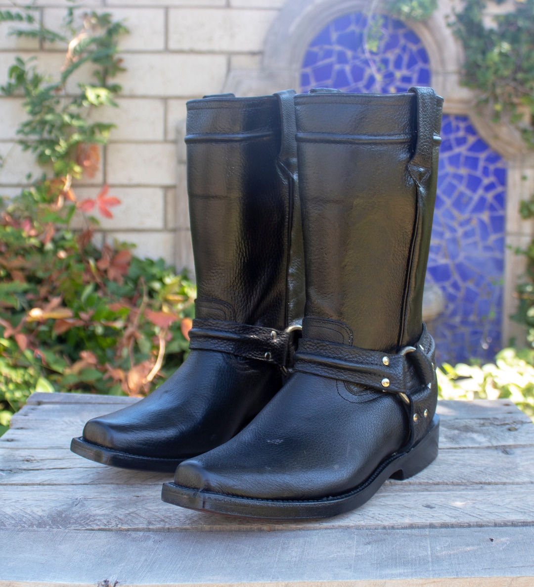 BLACK LEATHER Full Grain Motorcycle BIKER Rider Snip Toe Boots - Etsy