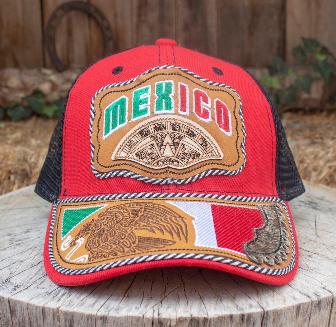 MEXICO EAGLE Embroidered Aztec Sun Leather Stamped Red HAT Adjustable ...