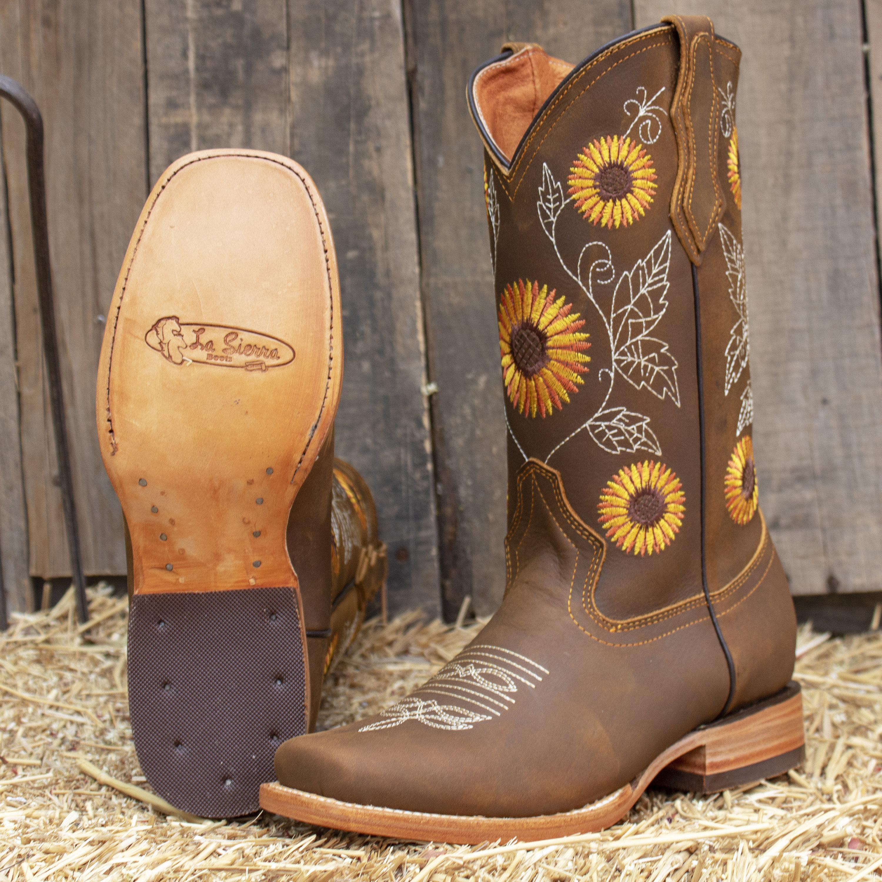 MUJER COWGIRL de punta cuadrada de cuero girasol botas | Etsy