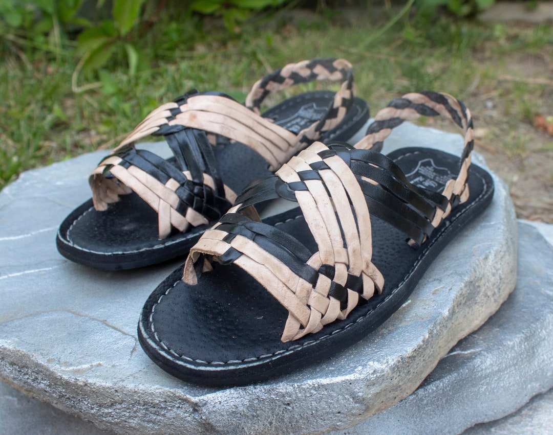 WOMENS LEATHER HUARACHE Black/tan Sandals Made in Mexico With Tire Sole ...