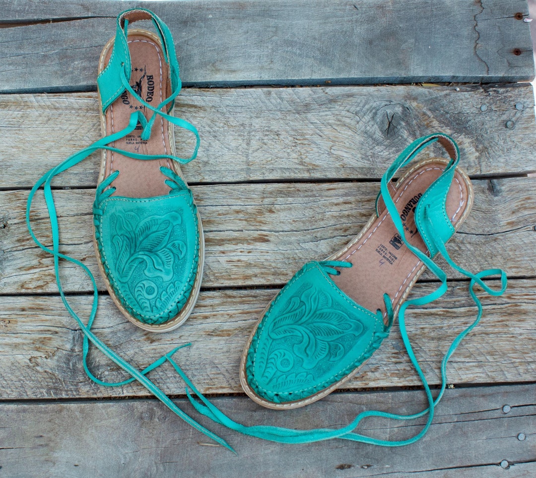 Womens LEATHER Mint Green Closed Toe Lace up Flower Stamped Huarache ...