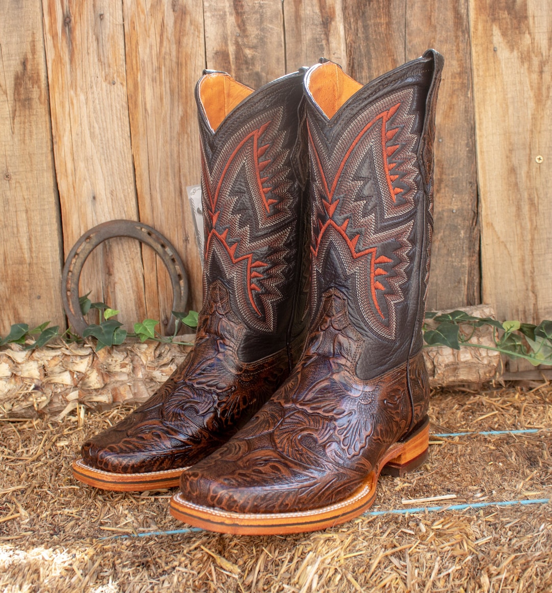 WOMENS COWGIRL Cowboy Hand Tooled Cincelado Leather Stamped Square Toe ...