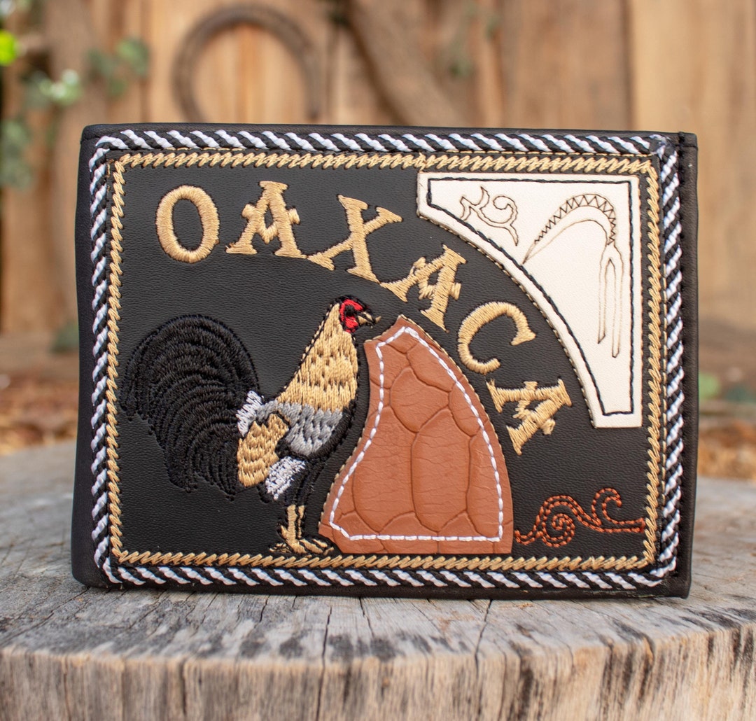 OAXACA Mexico WESTERN Rooster EMBROIDERED Leather Charro Bi Fold Wallet ...