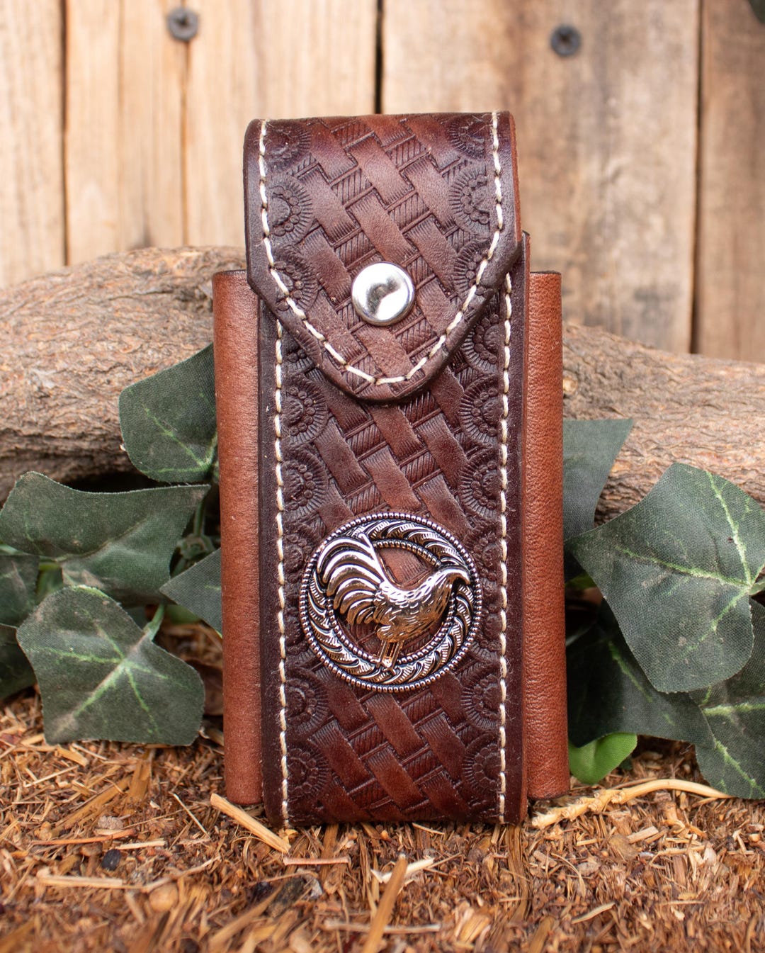 HANDCRAFTED LEATHER Stamped 4 Inch Knife SHEATH Rooster Gallo Plaque ...