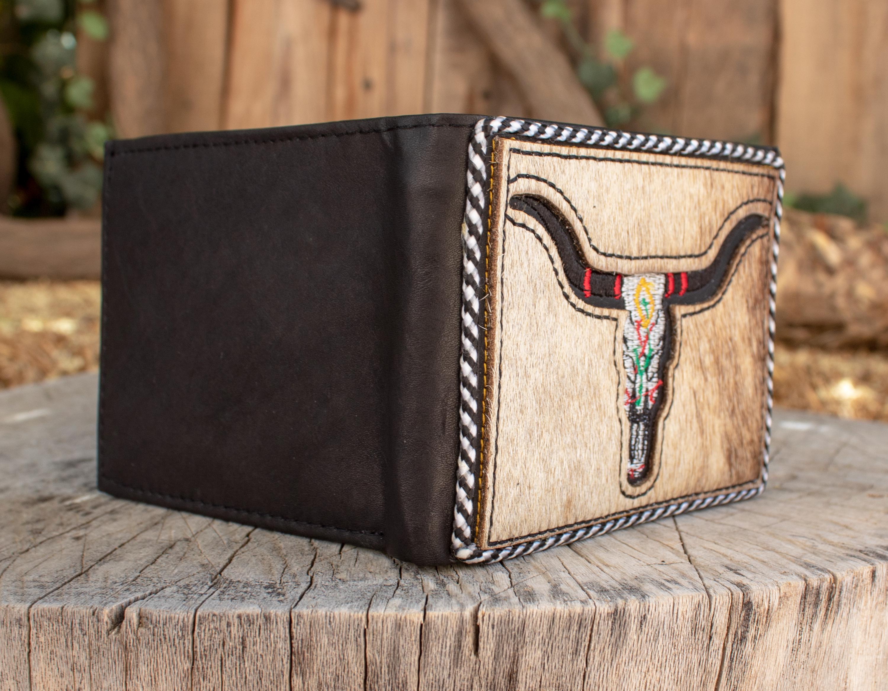 LONGHORN Toro WESTERN Embroidered Leather Bi Fold Wallet With Cow HAIR ...