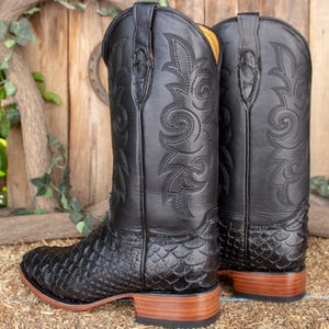 MENS Black PYTHON Snake Faux 100% Leather Round Toe Cowboy Boots PITON ...