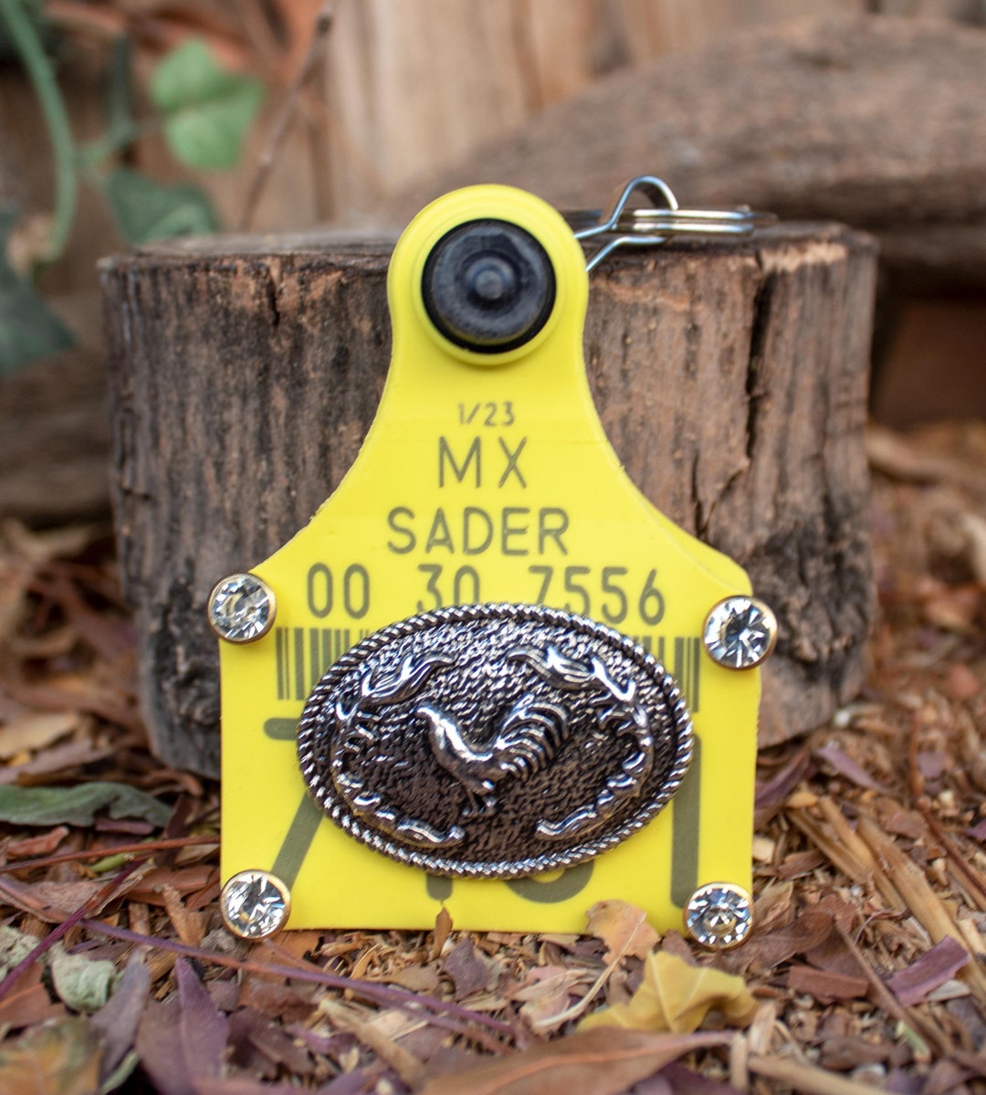 CATTLE TAG Rooster Gallo Plaque and Rhinestone KEYCHAIN Arete De Vaca ...