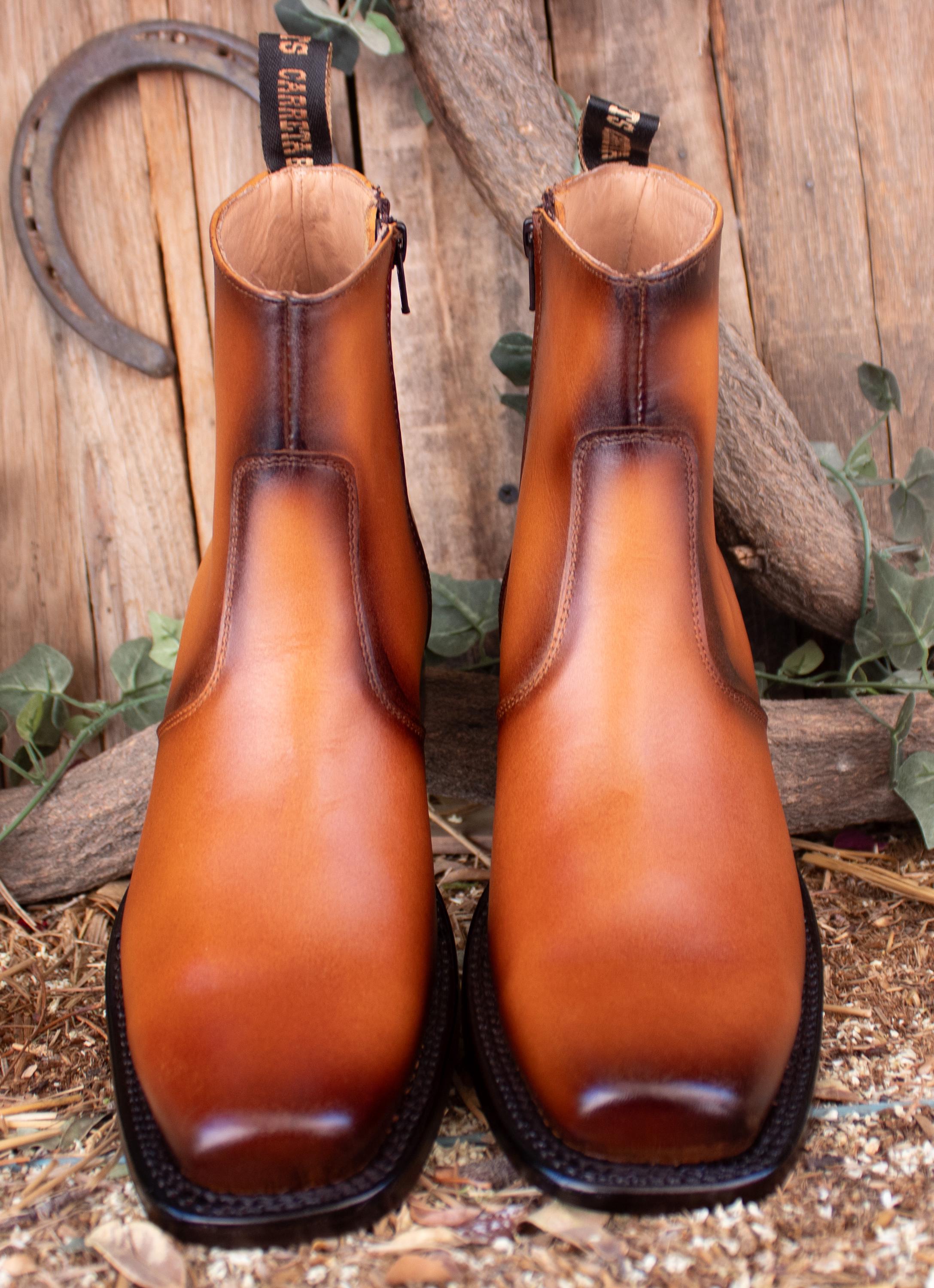 MENS LEATHER COWBOY Honey Brown Rodeo Square Toe Half Boots Botines De ...