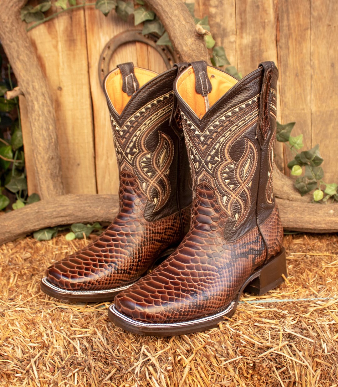 MENS Brown PYTHON Snake Faux Leather Square Toe Cowboy Western Rodeo ...