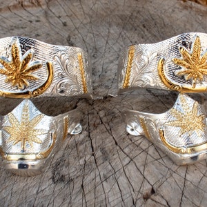 WESTERN Cowboy Alpaca MARIJUANA Engraved Pair Snip Toe BOOT Tips Plate ...