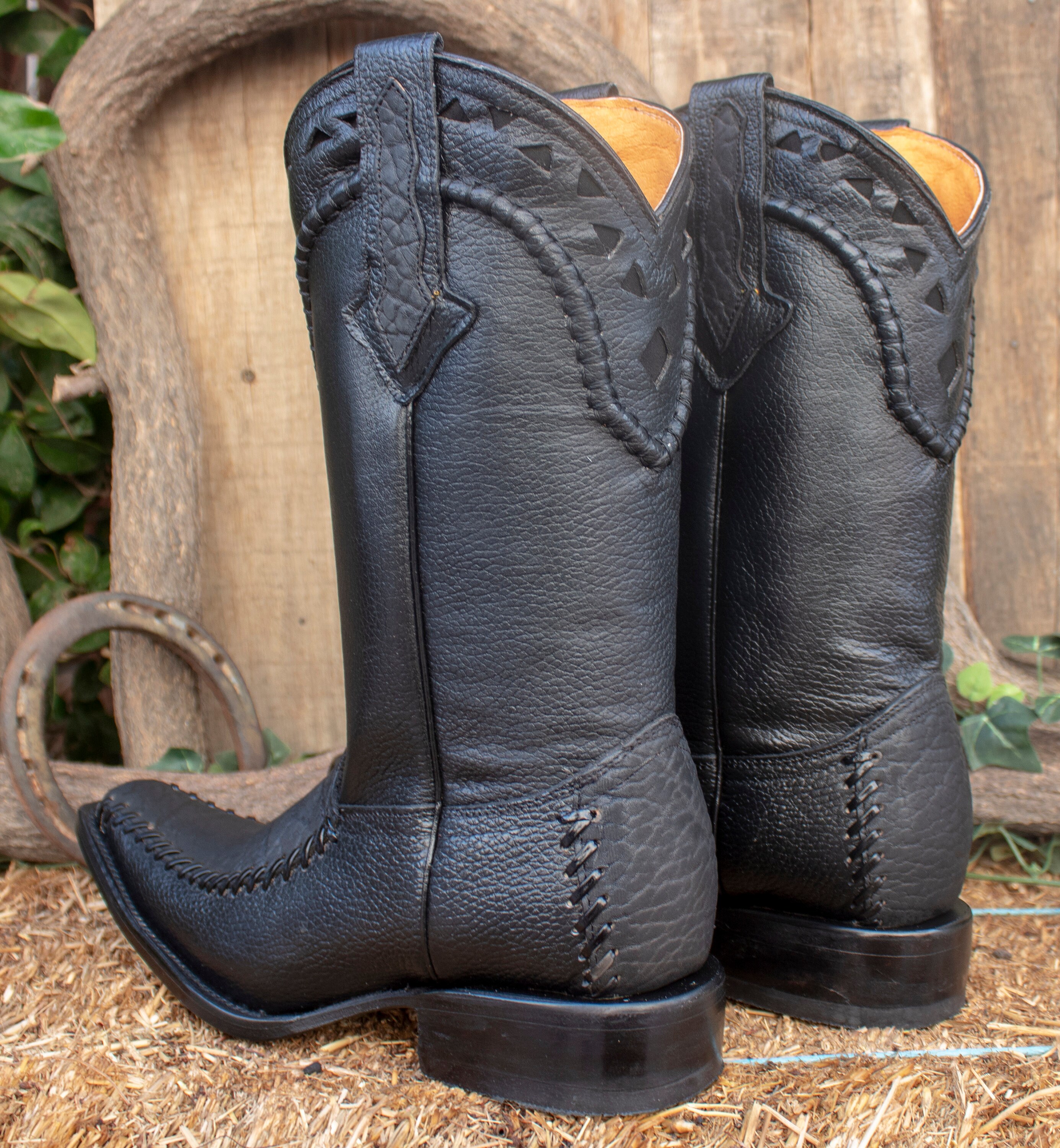 MENS Black BULL NECK Leather Snip Toe Cowboy Western Rodeo Boots Cuello ...