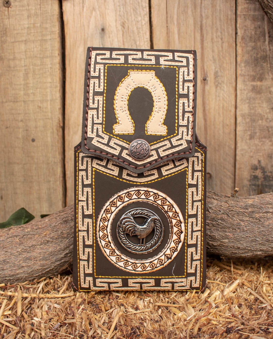 HORSESHOE WESTERN EMBROIDERED Leather Rooster Cowboy Rodeo Cell Phone ...