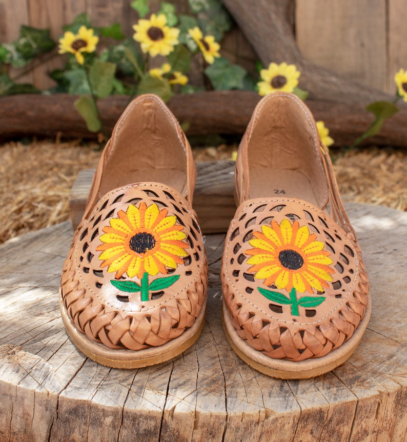 WOMENS MEXICAN SANDALS Leather Sunflower Embroidered Shoe - Etsy