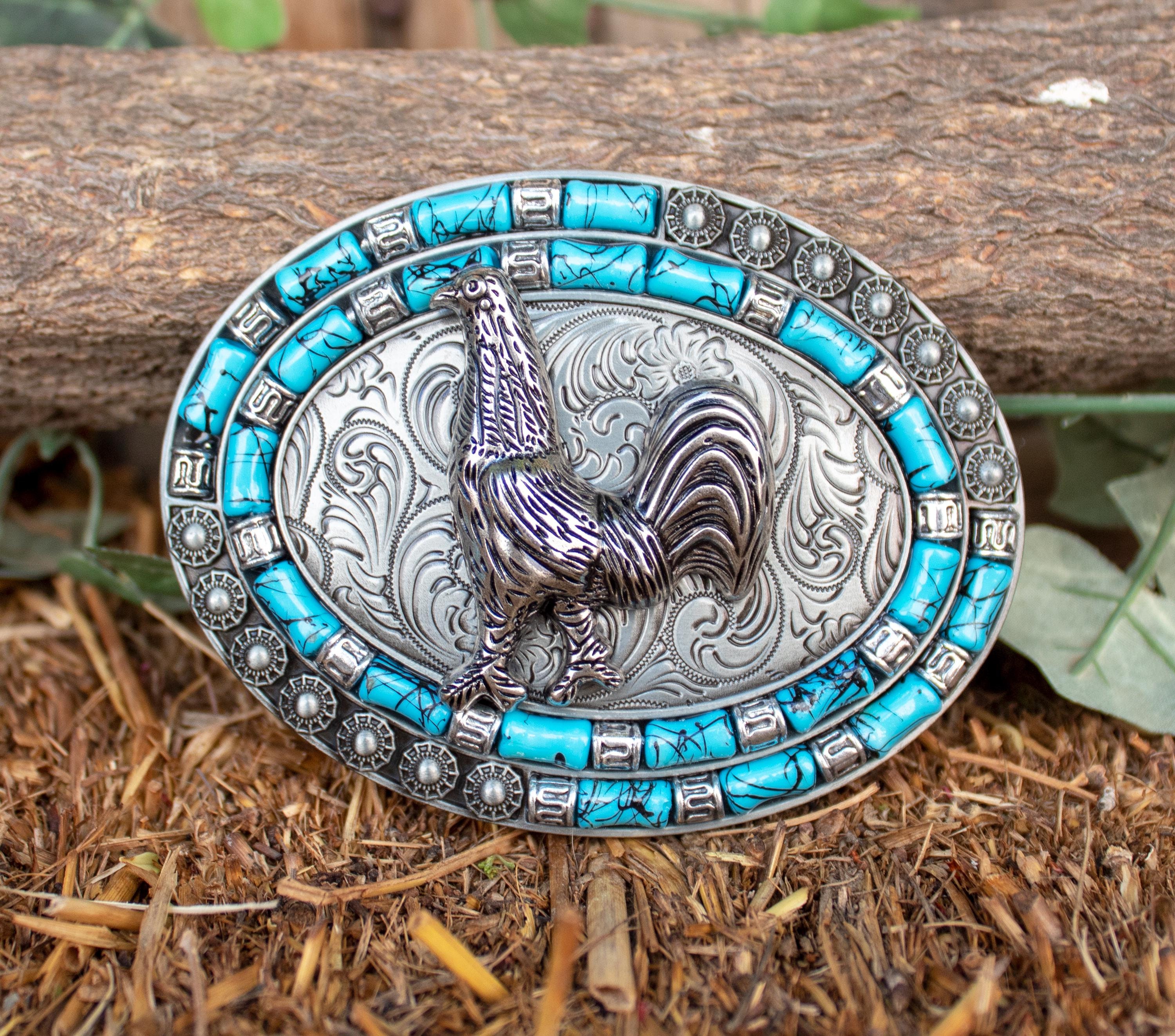 ROOSTER Gallo Metal ENGRAVED Cowboy Western TURQUOISE Mariachi Belt ...