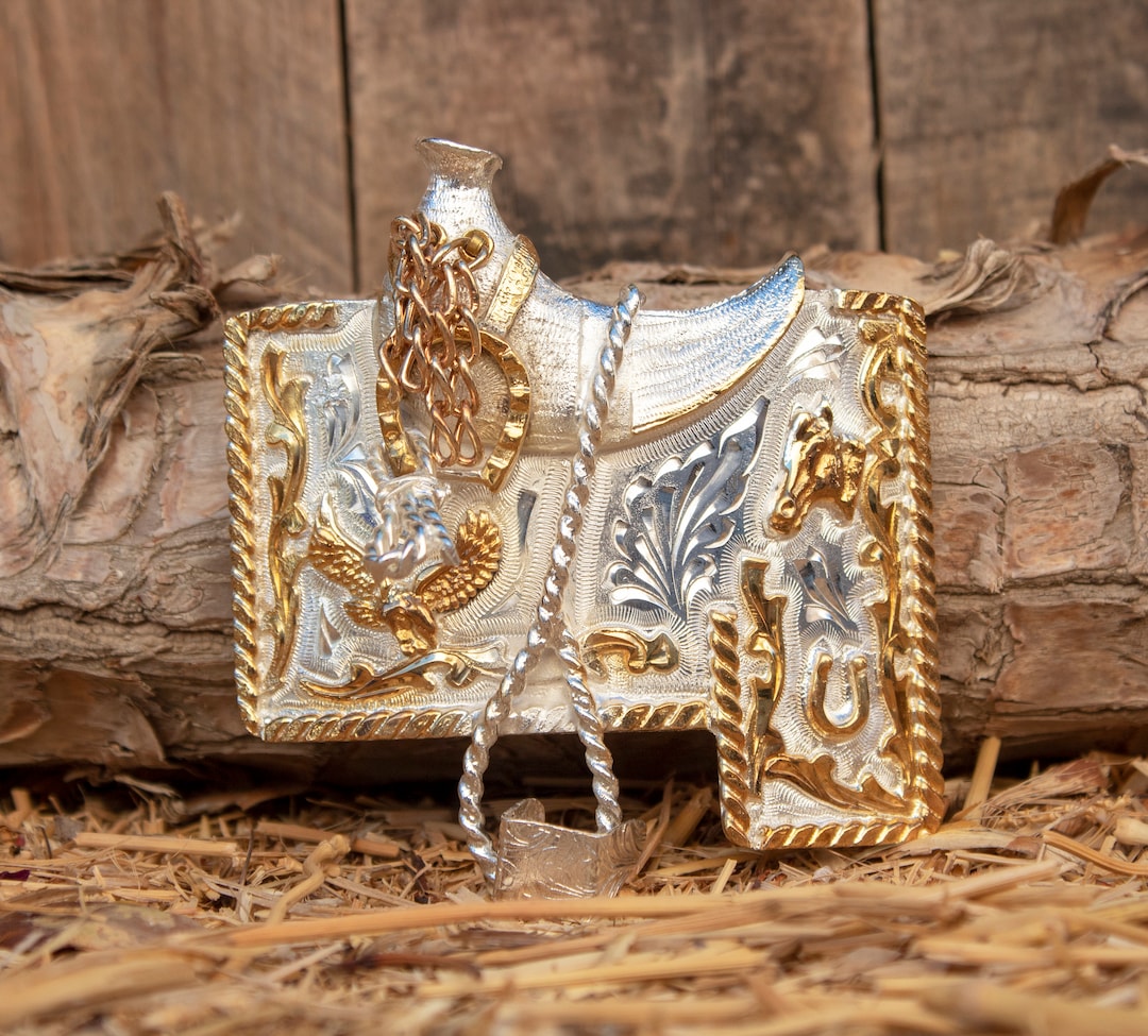 HORSE SADDLE ENGRAVED Cowboy Western Mariachi Alpaca Silver Belt Buckle ...