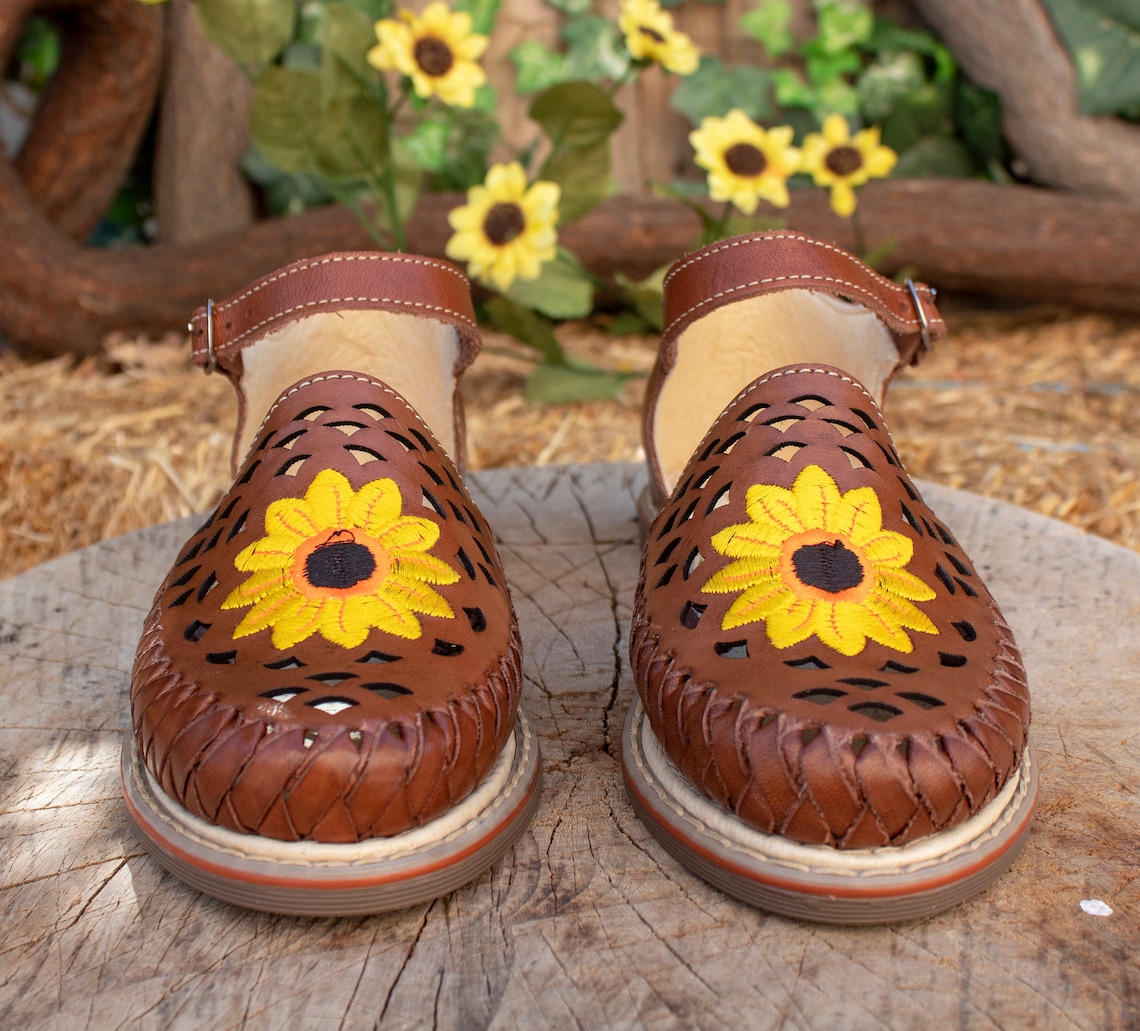 WOMENS MEXICAN SANDALS Leather Sunflower Embroidered Shoe - Etsy