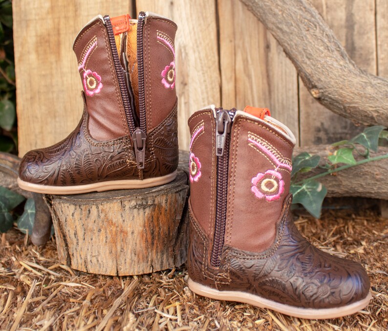 Girls BABY FLORAL Leather STAMPED Embroidered Round Toe Leather Cowboy ...