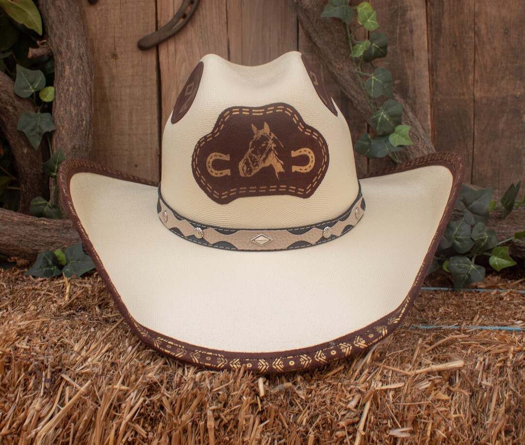 MENS Natural STRAW Western Cowboy Hat SOMBRERO Horse Design - Etsy