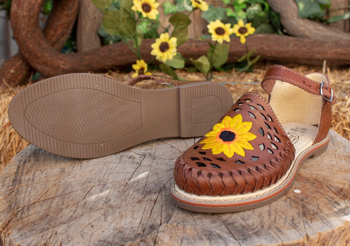 WOMENS MEXICAN SANDALS Leather Sunflower Embroidered Shoe Huarache - Etsy