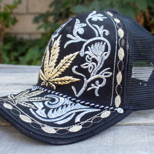 Gold & Silver EMBROIDERED MARIJUANA Leaf HAT Adjustable Trucker Cap - Etsy