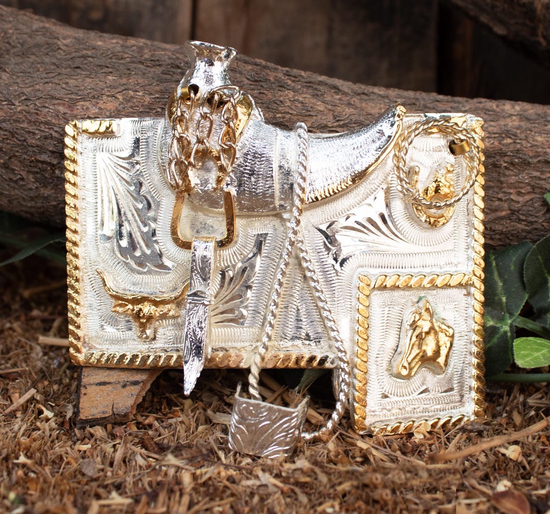 HORSE SADDLE ENGRAVED Cowboy Western Mariachi Alpaca Silver Belt Buckle ...