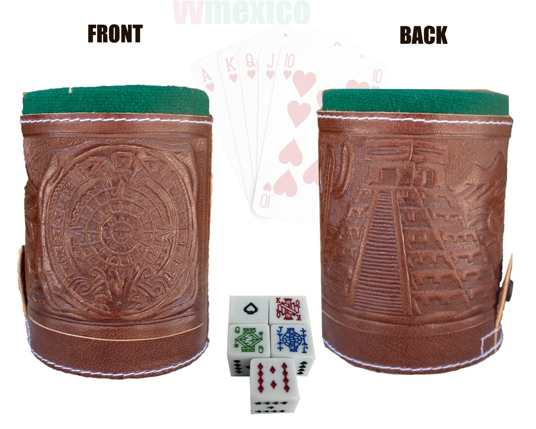 Traditional Mexican POKER DICE CUP Game Leather Engraved Aztec Sun ...