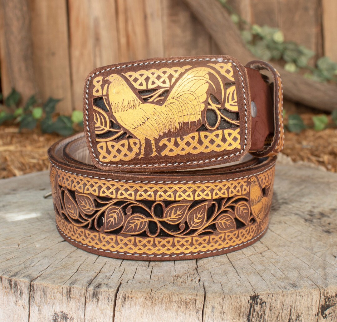 MENS WESTERN LEATHER Lazer Printed Rooster Gallo Charro 2 Inch Width ...