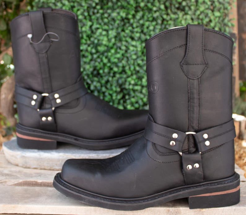 Black Genuine LEATHER Motorcycle BIKER RIDER Square Toe Boots - Etsy
