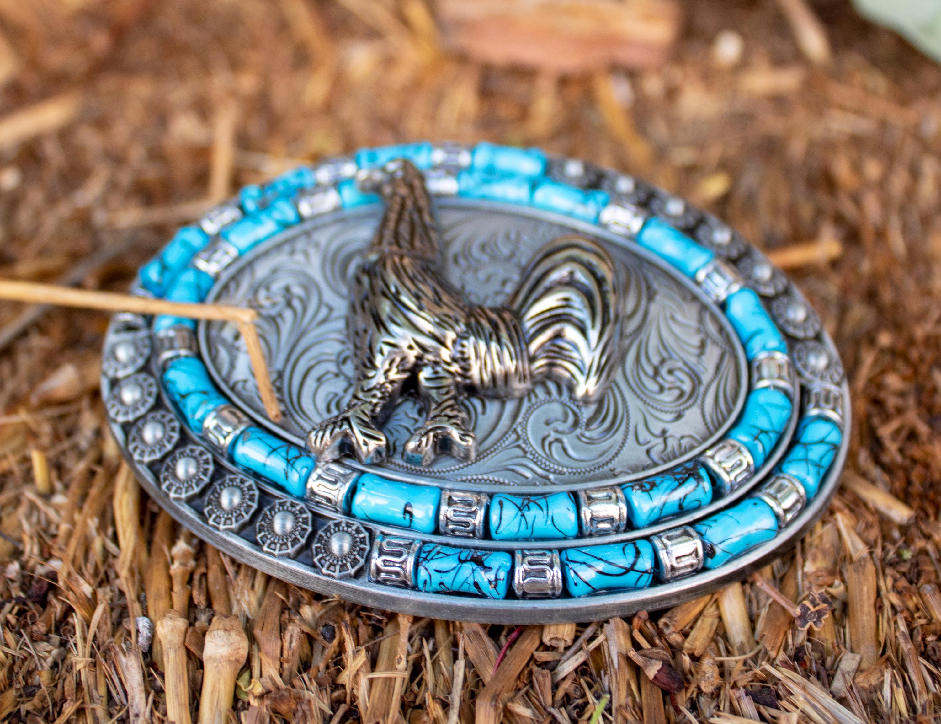 ROOSTER Gallo Metal ENGRAVED Cowboy Western TURQUOISE Mariachi Belt ...